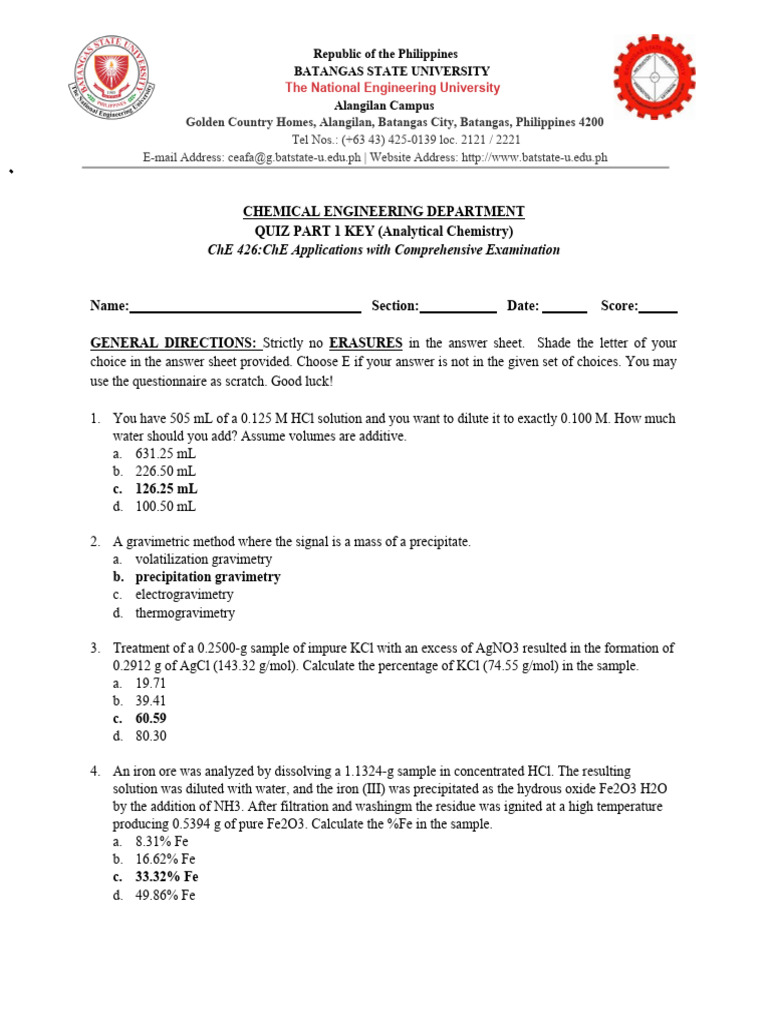 Quiz Part 1 KEY - Analytical Chemistry | PDF | Physical Chemistry ...
