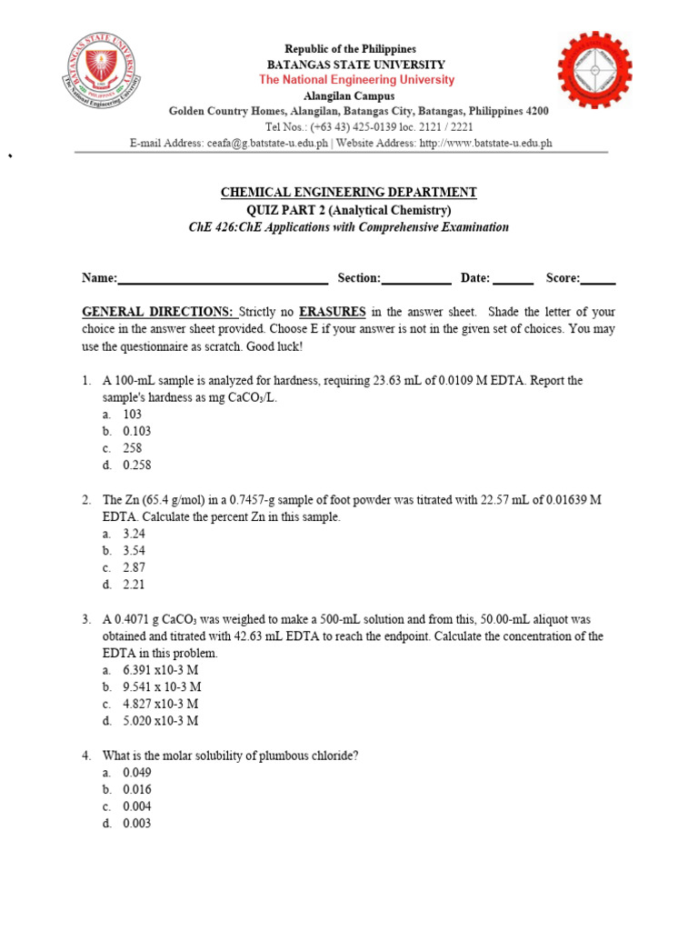 Analytical Chemistry Quiz for ChE 426 | PDF | Titration | Chemistry