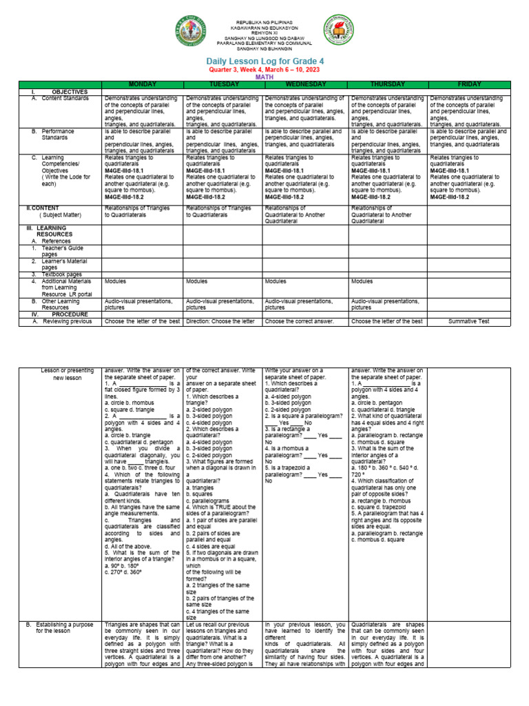 Math 4 Week 4 Pdf Rectangle Triangle