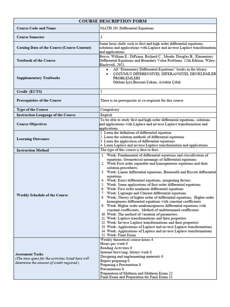 MATH 201: Differential Equations Course | PDF | Differential Equations ...