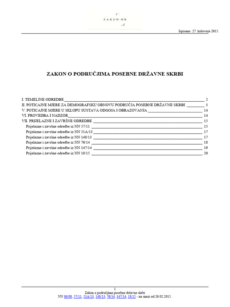 Zakon o Podrucjima Posebne Drzavne Skrbi 2015 | PDF