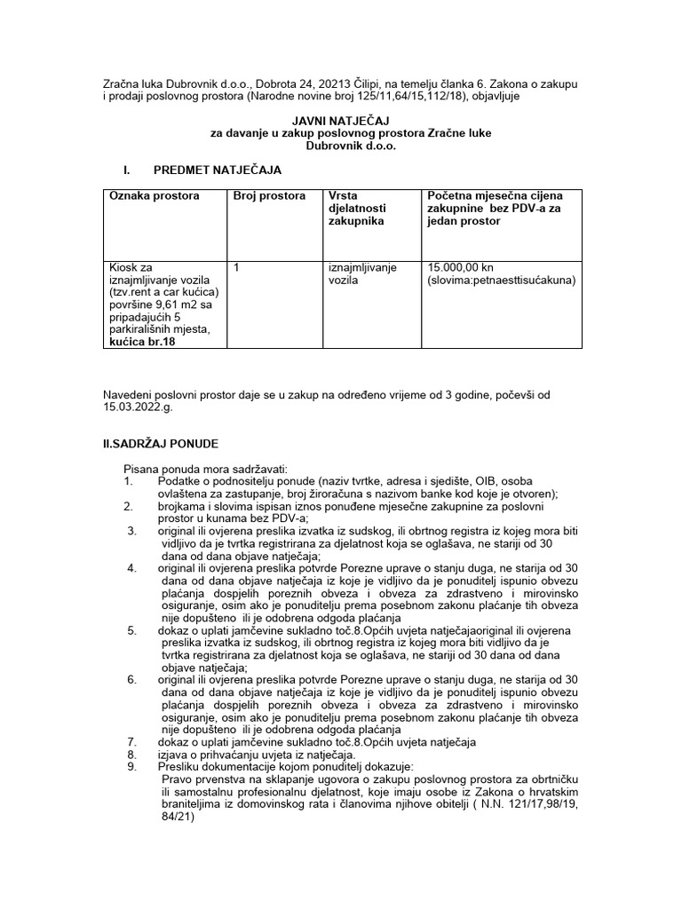 Natjecaj Za Zakup Poslovnog Prostora (Kisok Za Rent A Car br.18) 14736 | PDF