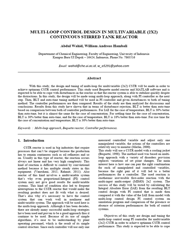 Multi-Loop Control for 2x2 CSTR | PDF | Control Theory | Chemical Reactor