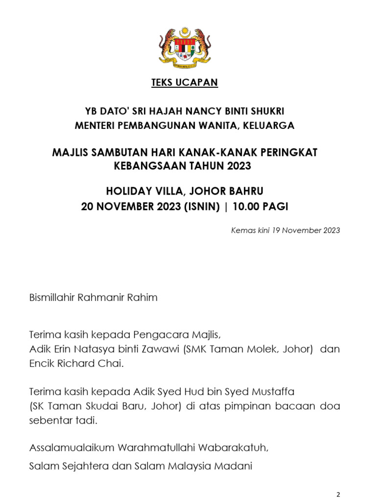 Teks Ucapan Ybm - HKK - 17-11-2023 | PDF