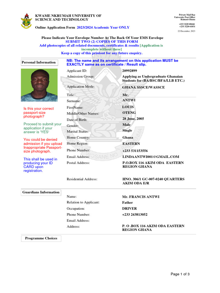 Knust Online Admissions-Applicant Id - 20992899 | PDF