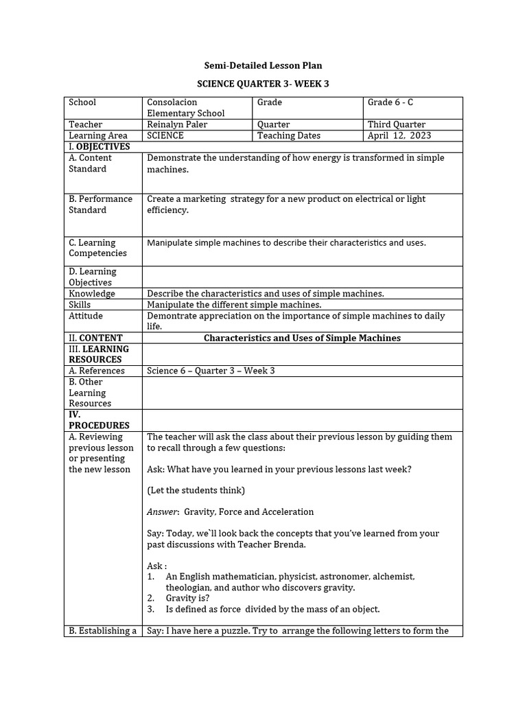 Simple Machines Lesson Plan for Grade 6 | PDF