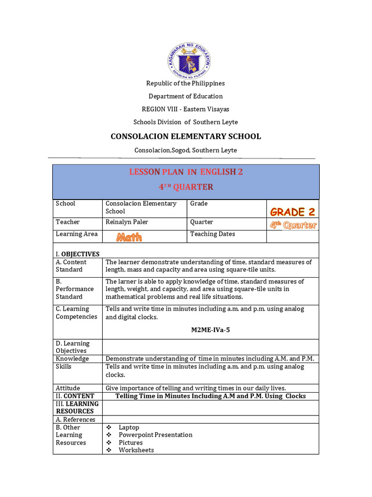 Grade 2 - LP (Math) | PDF | Hour | Time