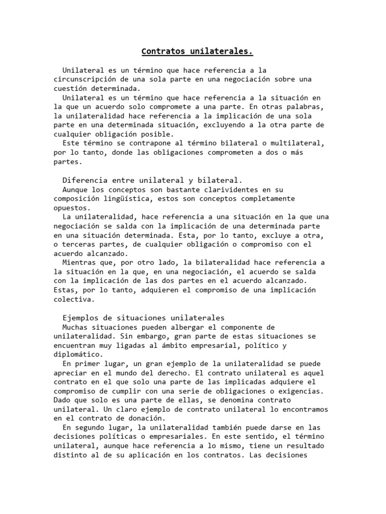 Contratos Unilaterales: Definición y Ejemplos | PDF
