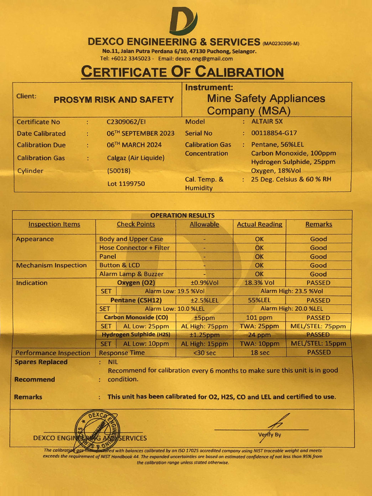 MSA Altair 5x Calibration Cert | PDF