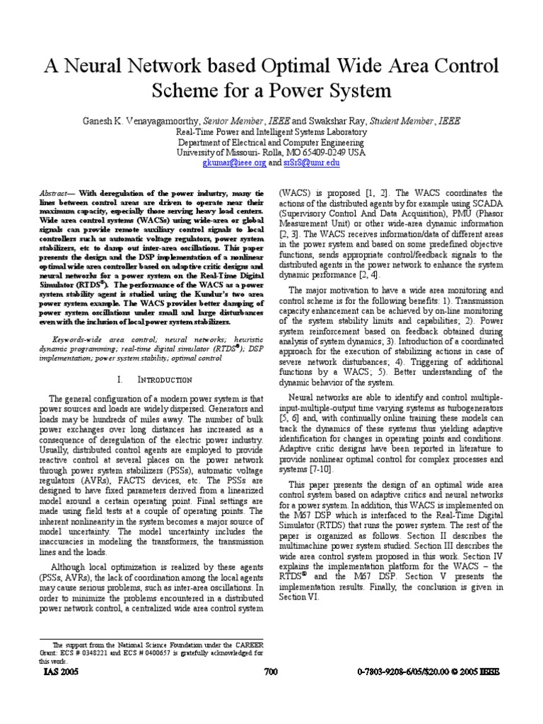 A Neural Network Based Optimal Wide Area Control Scheme For A Power System | PDF | Control ...