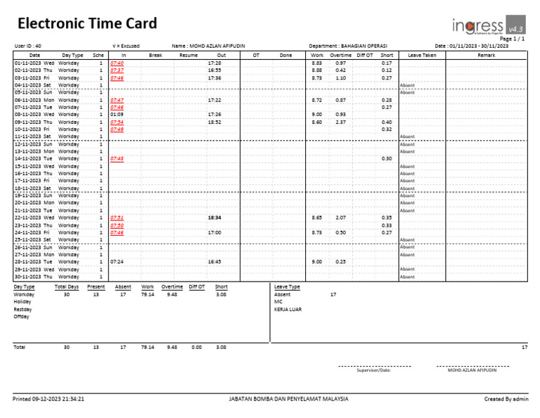 Electronic Time Card: Page 1 / 1 | PDF