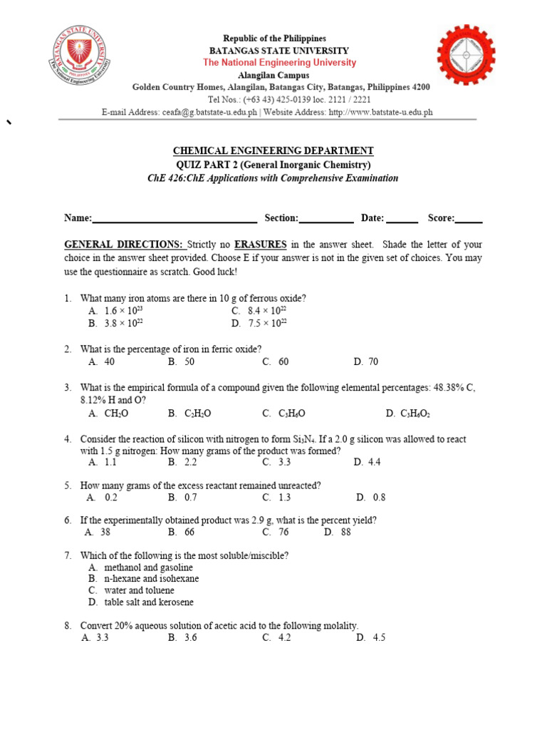 Quiz Part 2 General Inorganic Chemistry Pdf Chemistry Physical