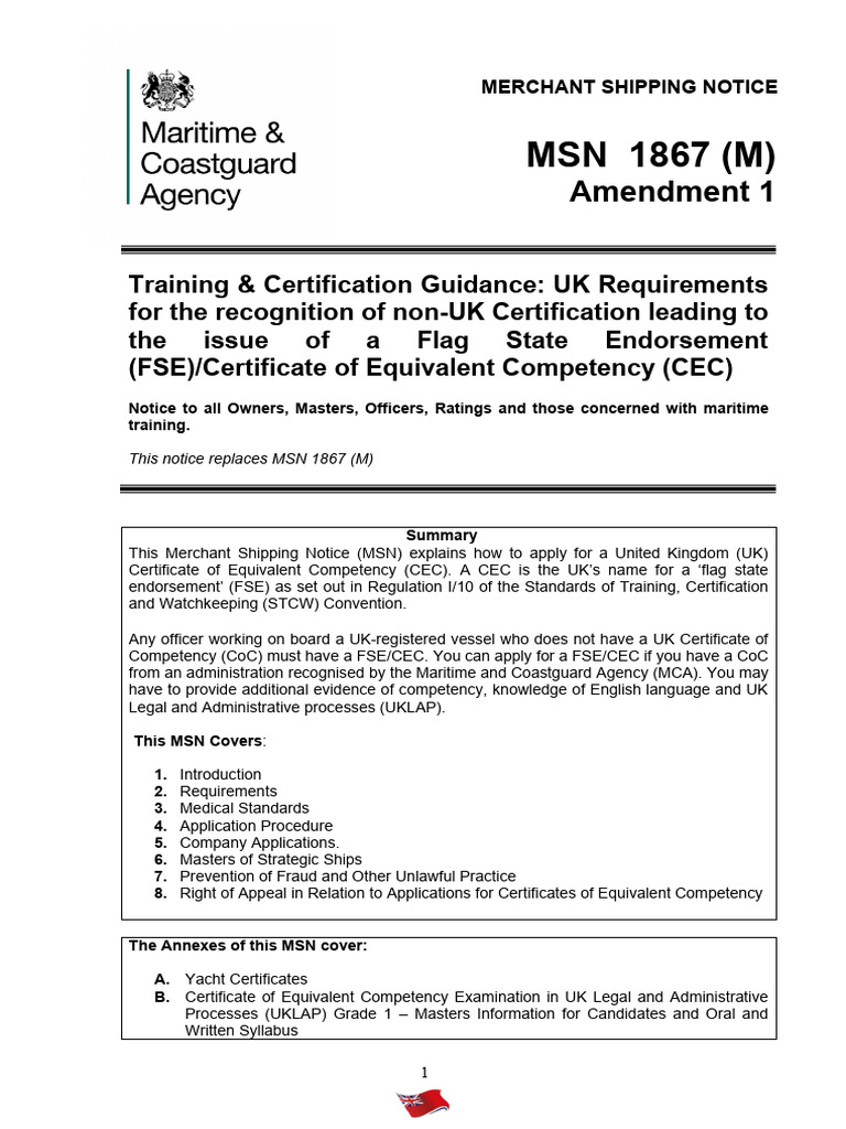 Merchant Shipping Notice 1867 Amendment 1 | PDF | Sailor | Merchant Navy