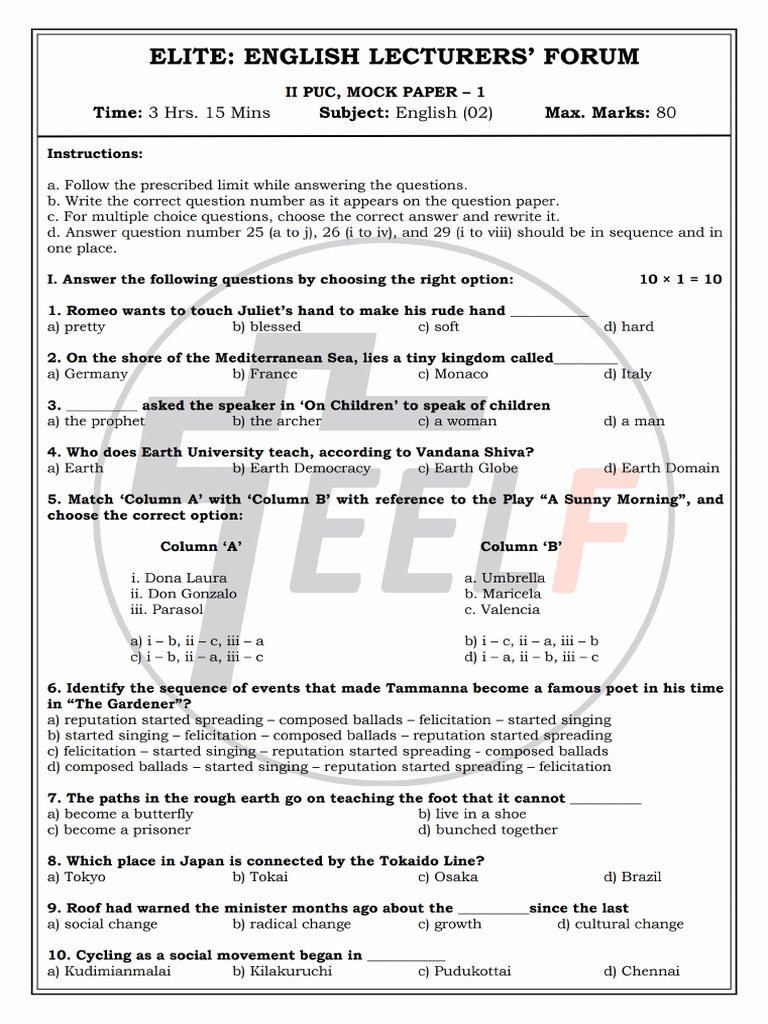 II PUC English Mock Paper - 2023 | PDF