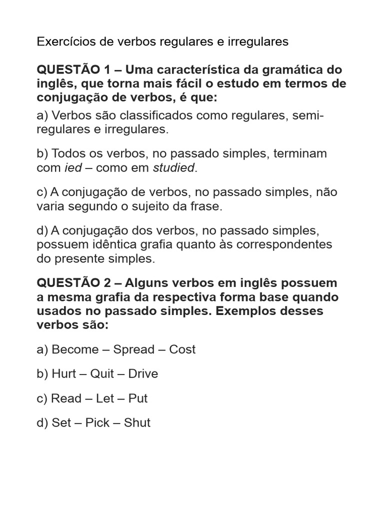 Exercícios De Verbos Regulares E Irregulares Pdf Assunto Gramática