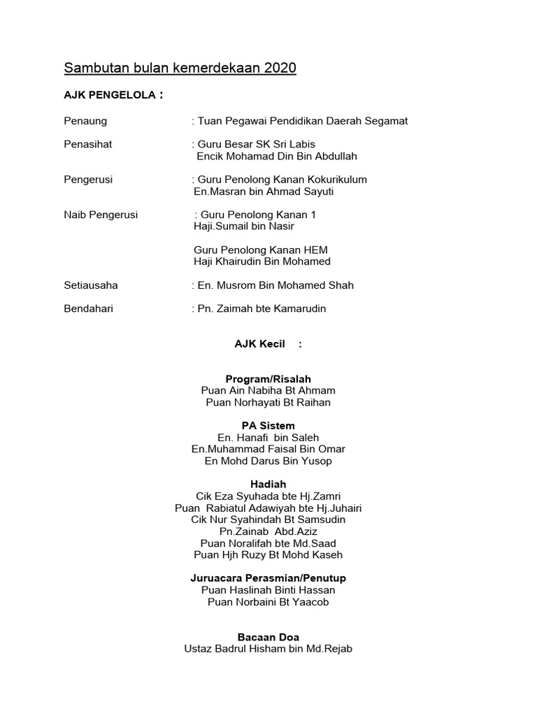 AJK Sambutan Bulan Kemerdekaan 2020 | PDF
