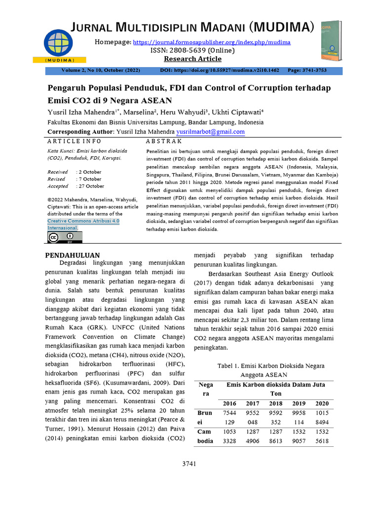 Pengaruh Populasi Penduduk, FDI Dan Control of Corruption Terhadap ...