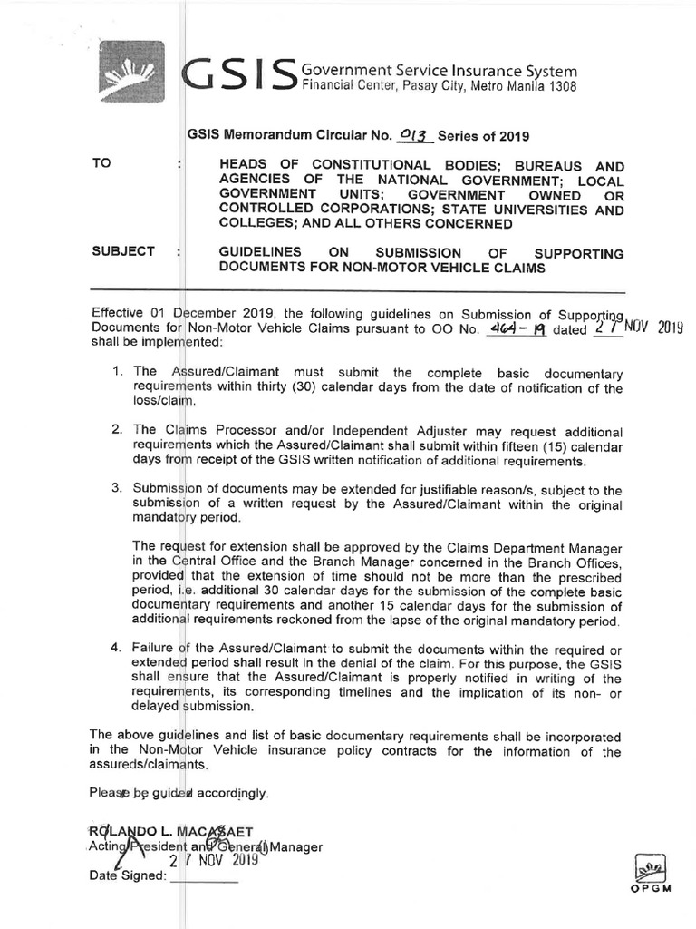 GSIS MC 013-2019 Guidelines On Submission of Supporting Documents For ...