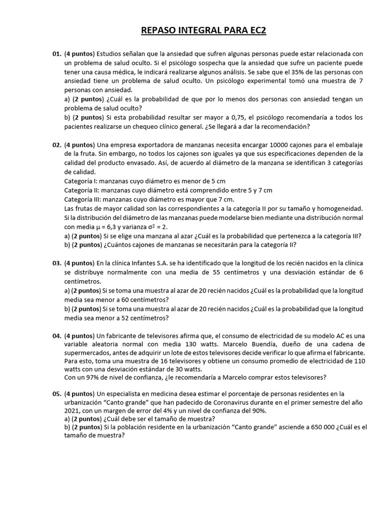 Repaso Integral para Ec2 | PDF | Intervalo de confianza | Desviación Estándar