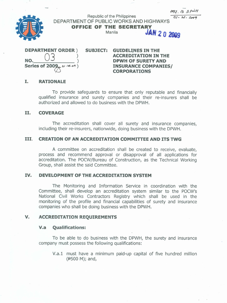 DPWH DO 03-2009 Guidelines in Accreditation of Surety Companies | PDF ...