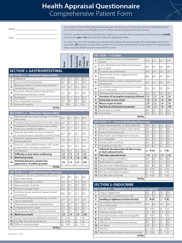 Health Appraisal Questionnaire | PDF | Bloating | Physiology
