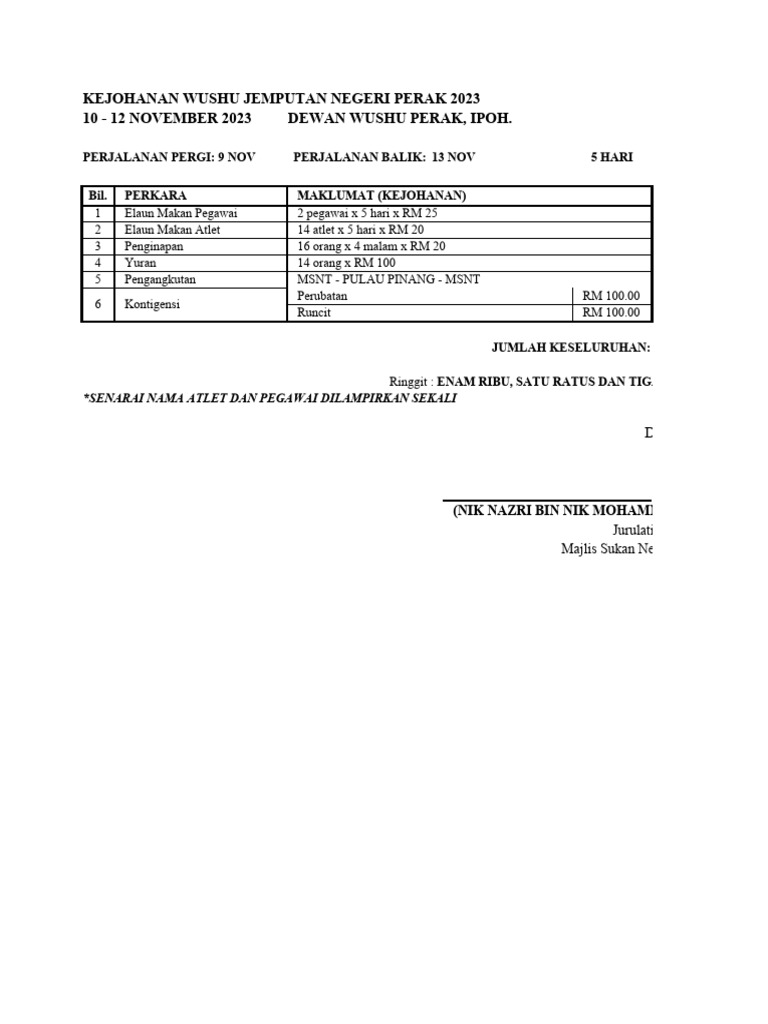 Bajet Wushu Ipoh | PDF