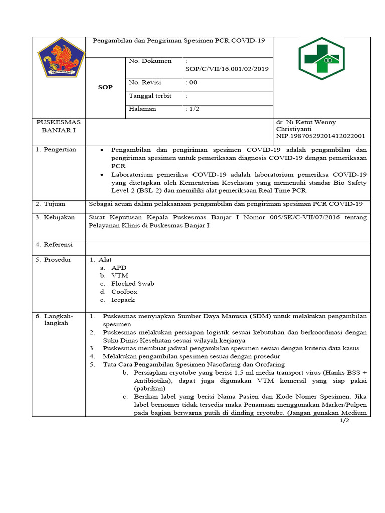SOP Pengambilan Dan Pengiriman Spesimen PCR | PDF