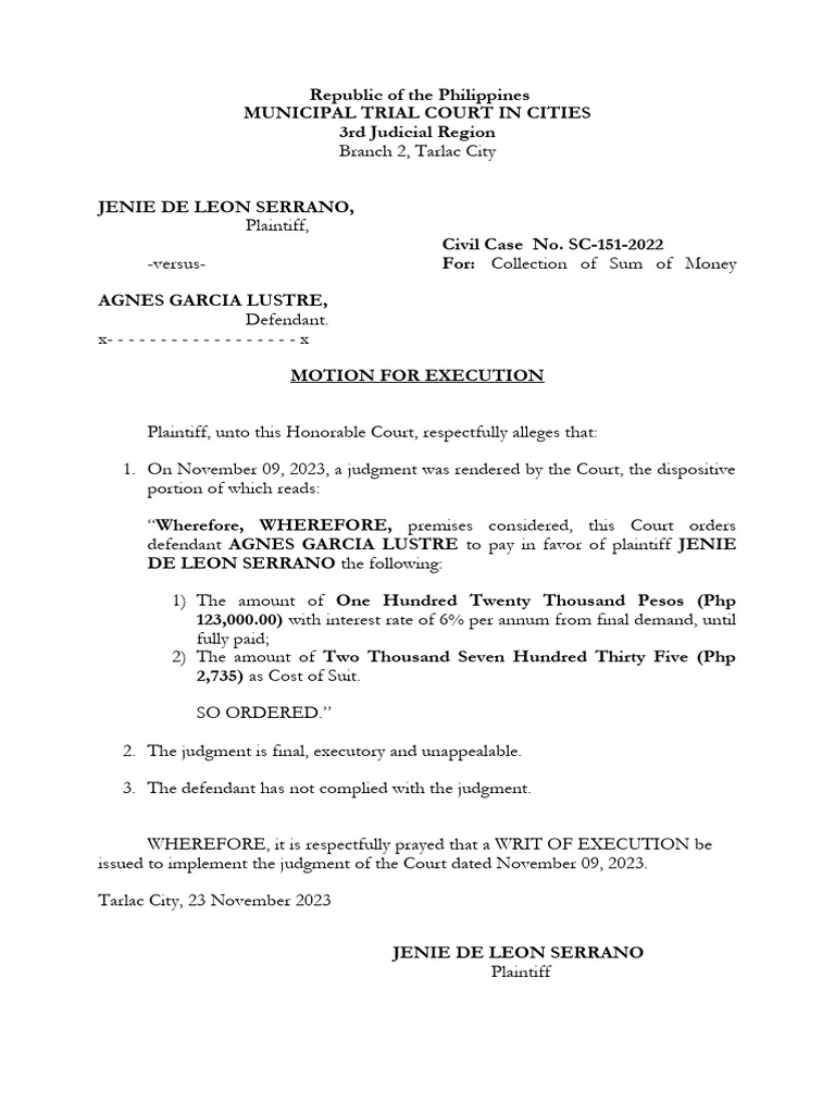Motion For Issuance of Writ of Execution | PDF