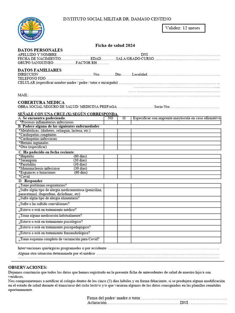 ANEXO 1 FICHA DE SALUD 2024 Alumnos A4 | PDF