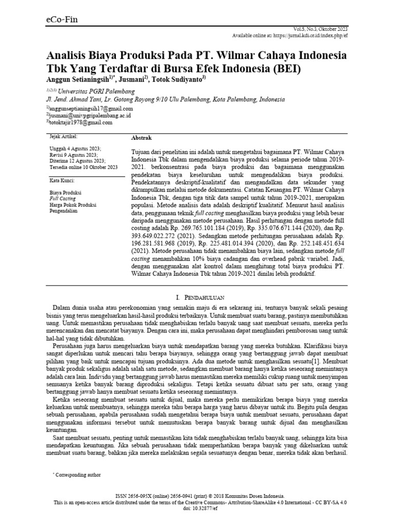 Analisis Biaya Produksi Pada PT Wilmar Cahaya Indo | PDF