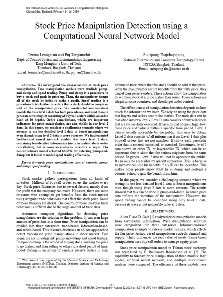 Stock Price Manipulation Detection Using A Computational Neural Network Model Download Free