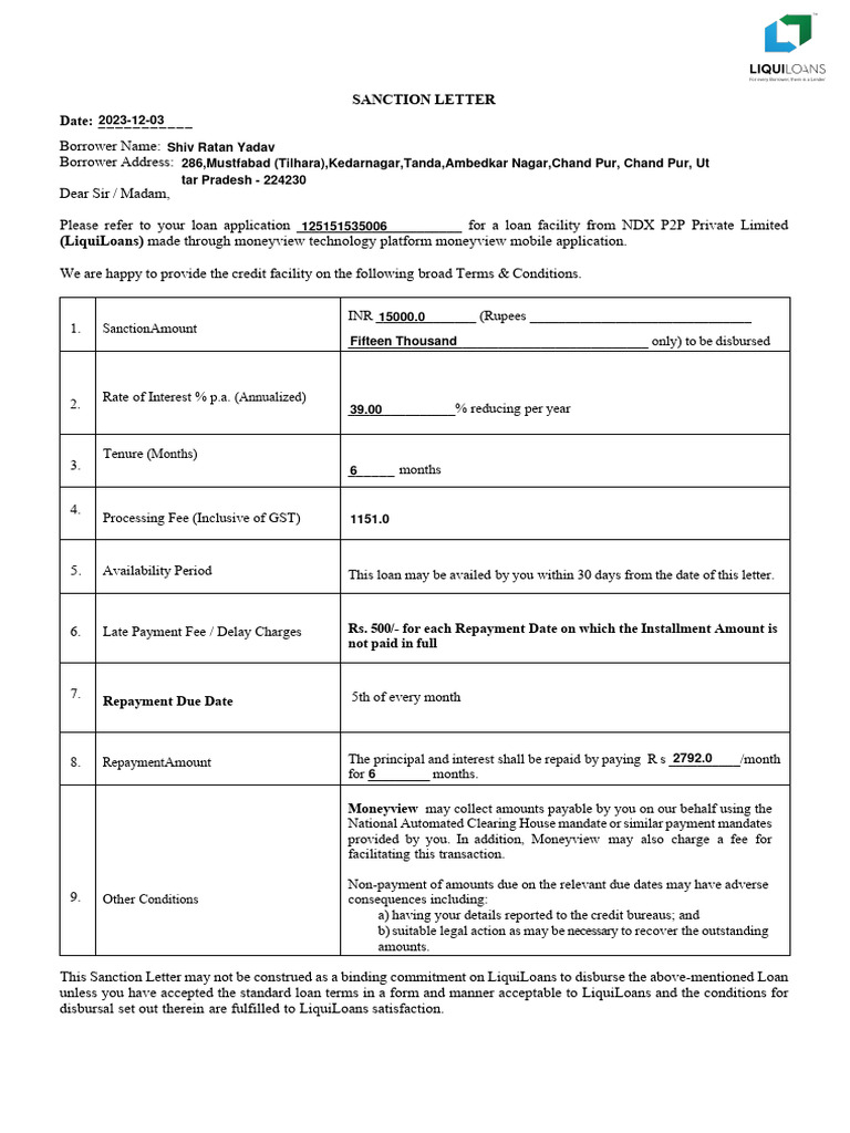 Loan Sanction-Letter With Kfs | PDF