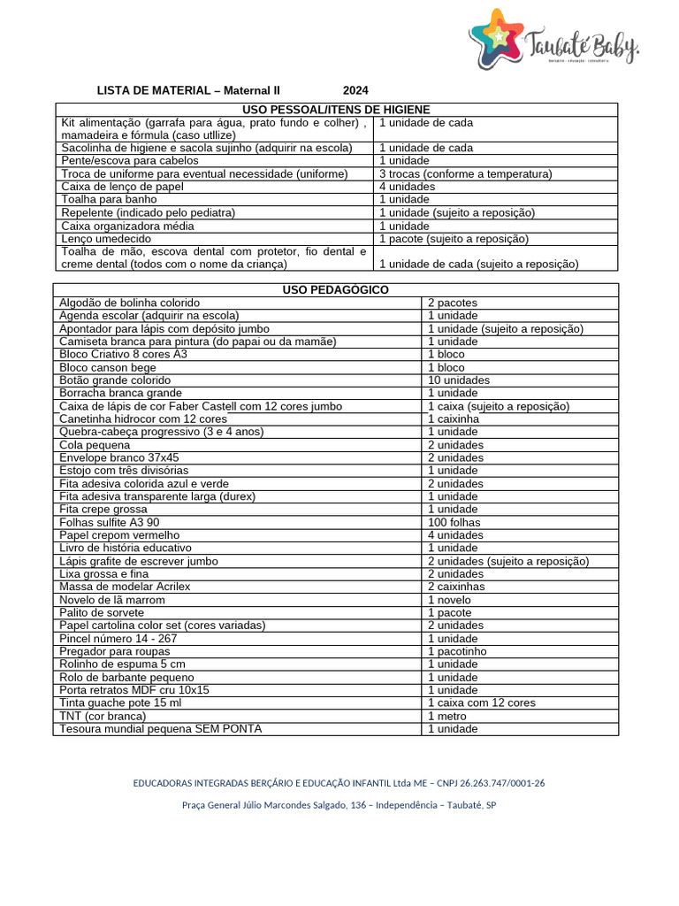 LISTA DE MATERIAL - Maternal - 2 - 2024 | PDF | Casa e Jardim