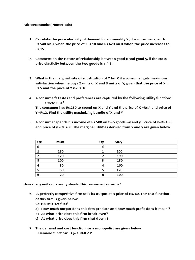 Microeconomics Numericals | PDF | Demand | Monopoly