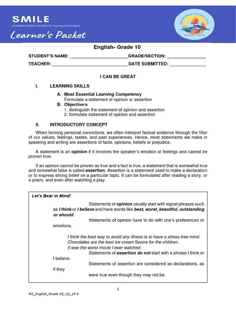 Opinion vs. Assertion in English 10 | PDF | Mind | Learning