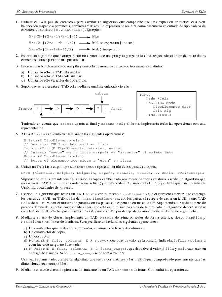 TAD Ejercicios | PDF | Cadena (informática) | Algoritmos