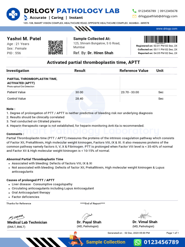 Activated Partial Thromboplastin Time APTT Test Report Format Example ...