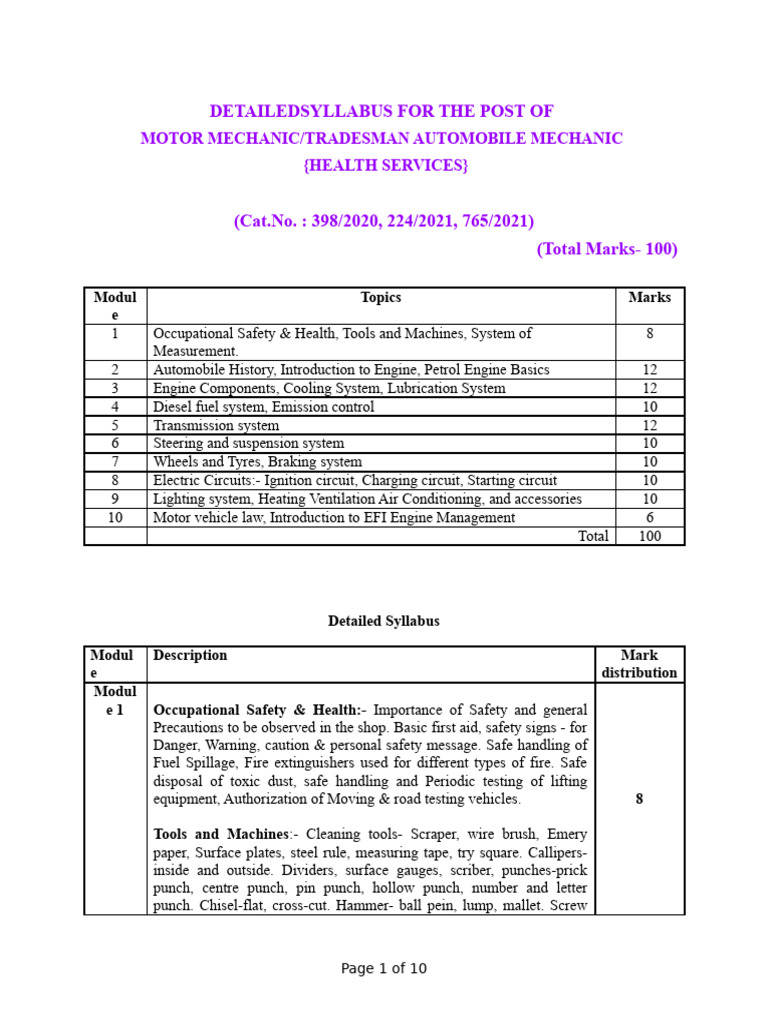 Motor Mechanic Mechanic Pdf