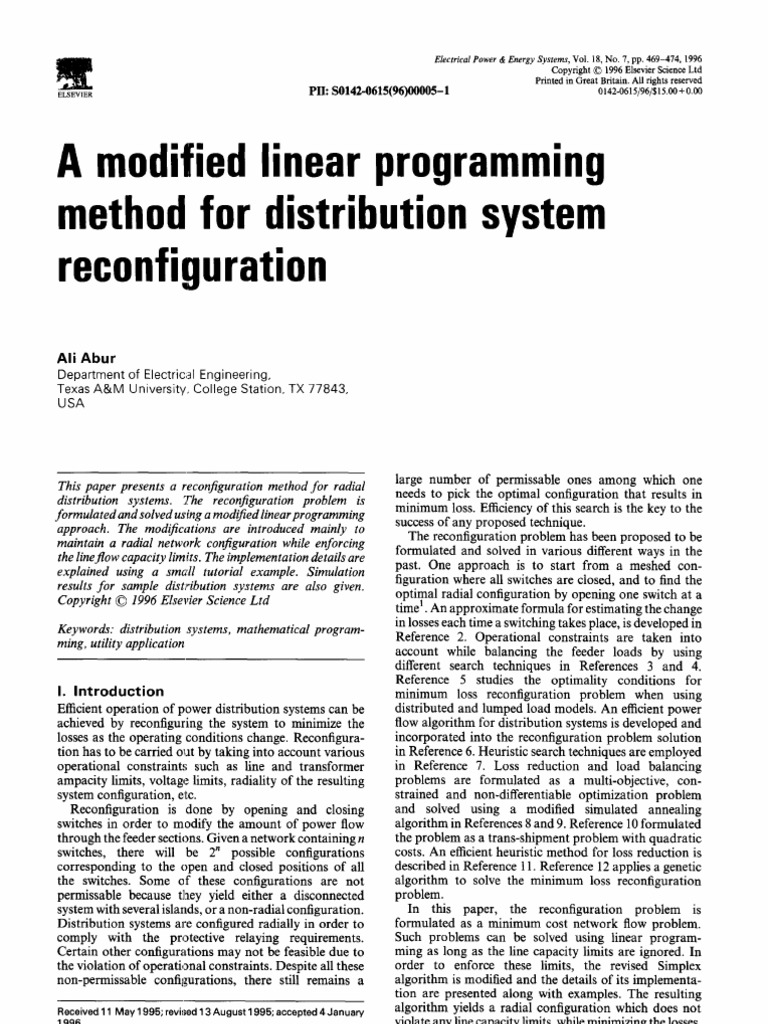 A Modified Linear Programming Method For Distribution System Reconfiguration Pdf