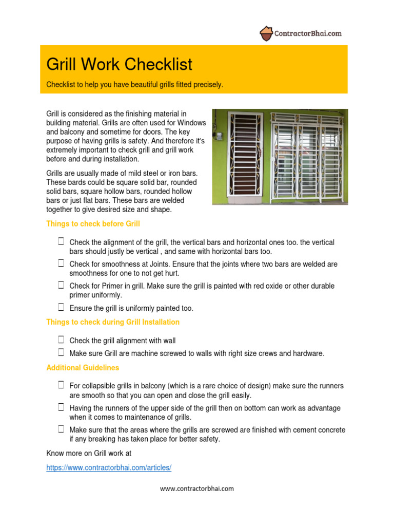 Grill Work During and Post Installation Checklist | PDF | Home & Garden ...