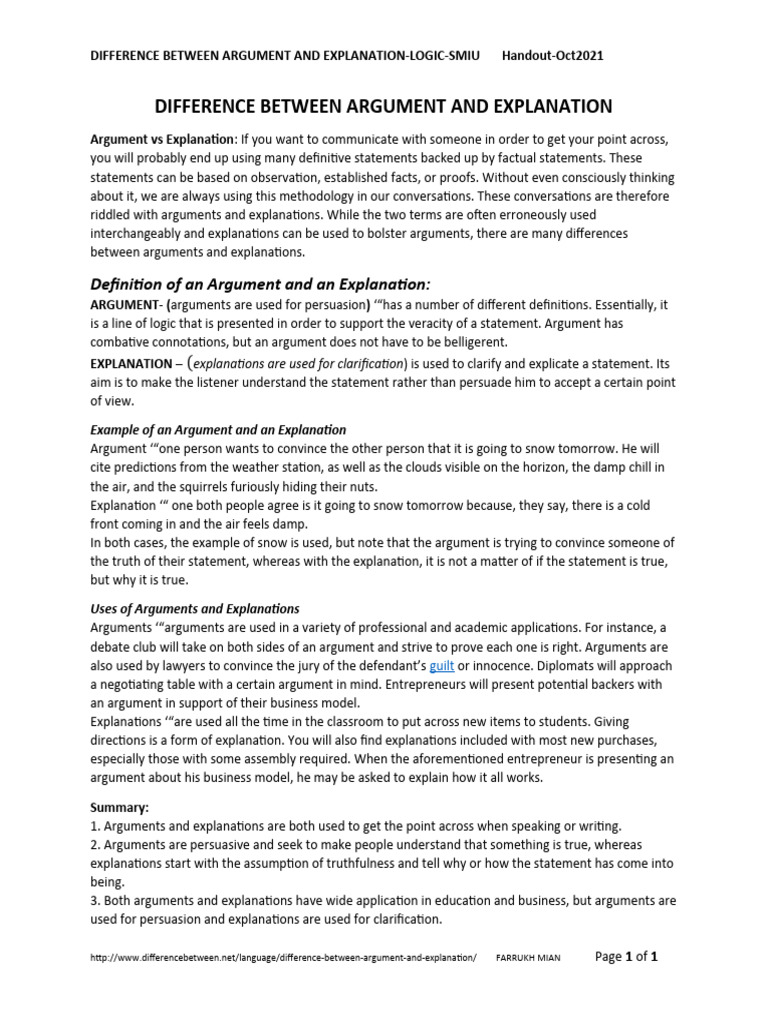 Argument vs Explanation Explained | PDF | Argument | Persuasion