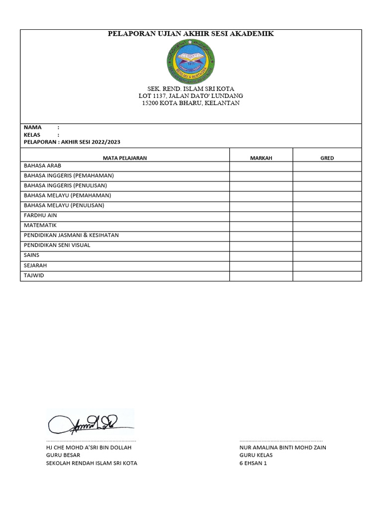 TEMPLET MARKAH UJIAN AKHIR SESI AKADEMIK | PDF