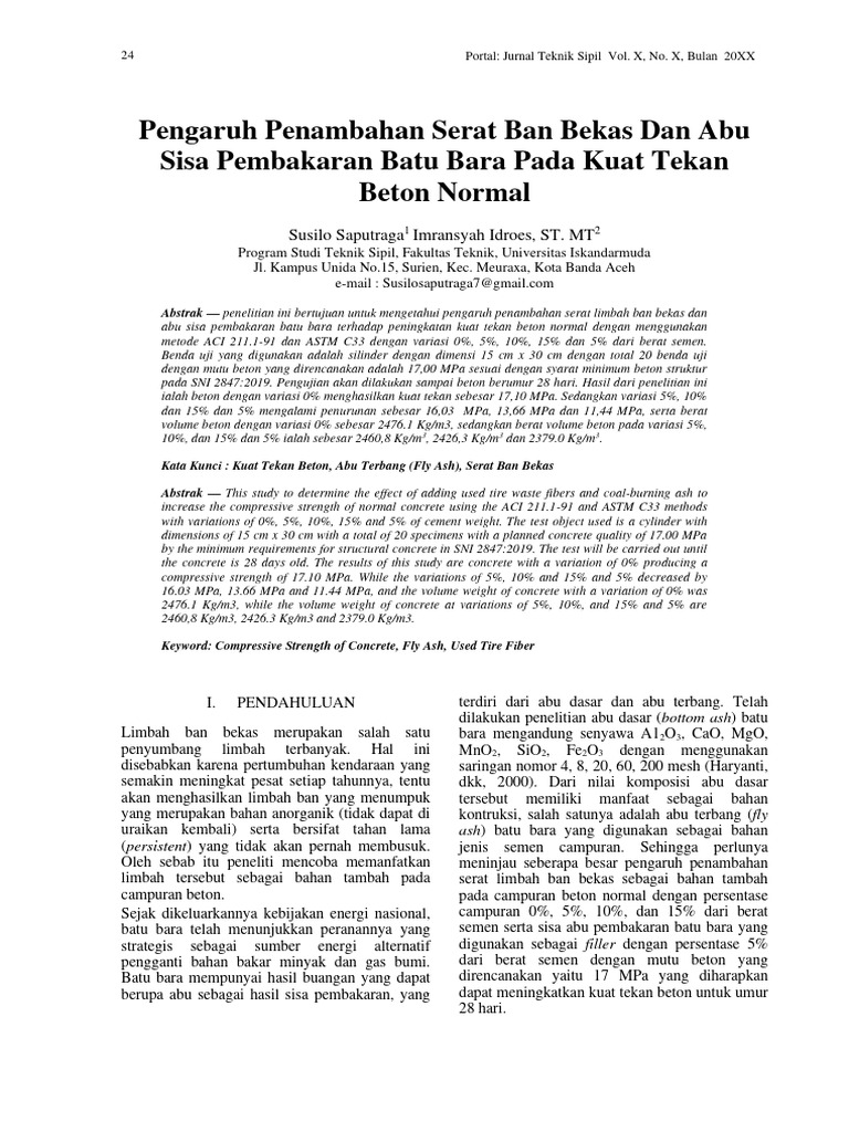 Pengaruh Penambahan Serat Ban Bekas Dan Abu Sisa Pembakaran Batu Bara ...