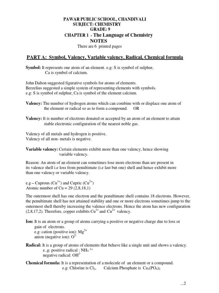 Chemistry Notes for Grade 9 Students | PDF | Chemical Compounds ...