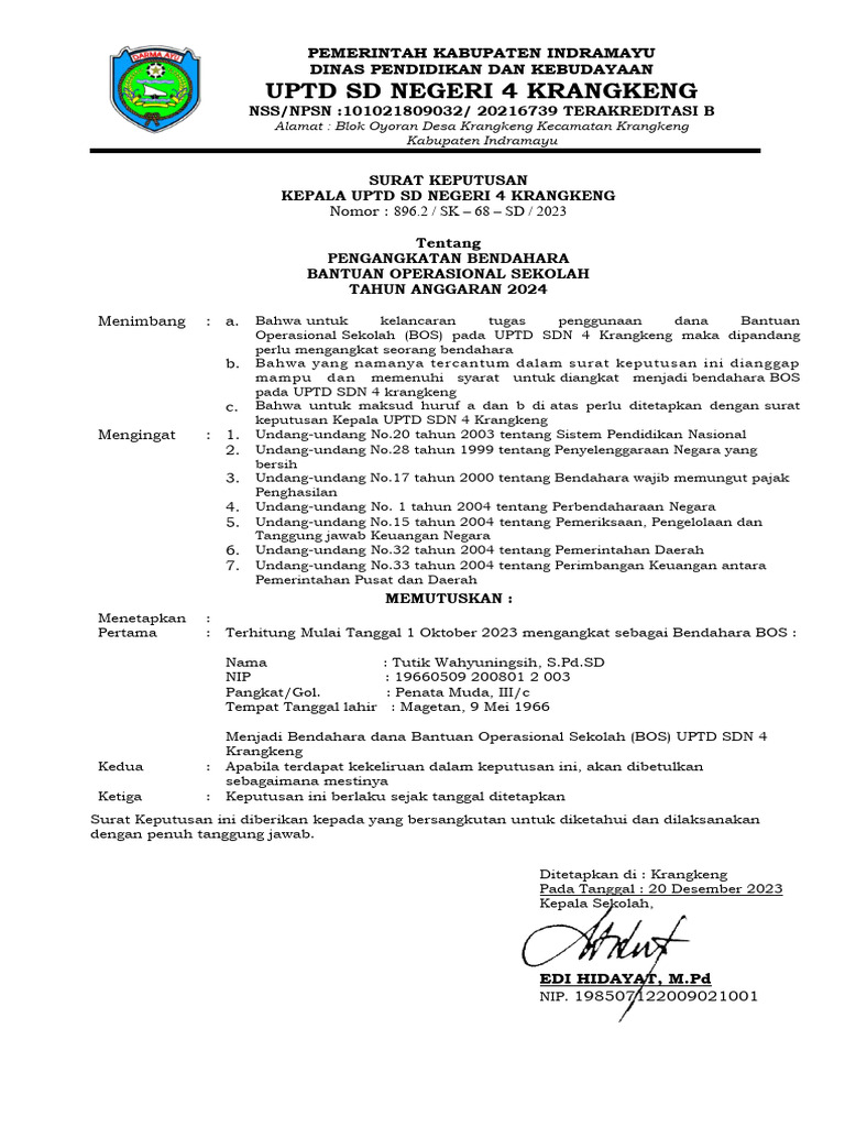Format SK Bendahara BOS TH 2022 | PDF