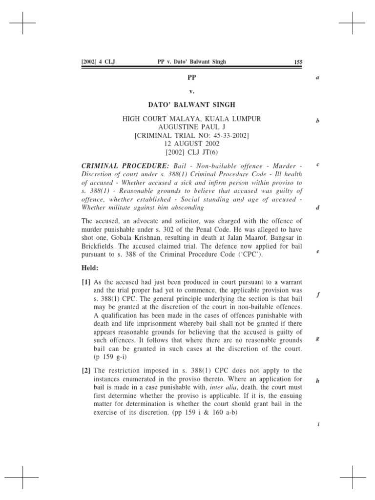 CLJ - 2002 - 4 - 155 - Balwant - Bail - Meaning of Sick | PDF | Bail | Prosecutor