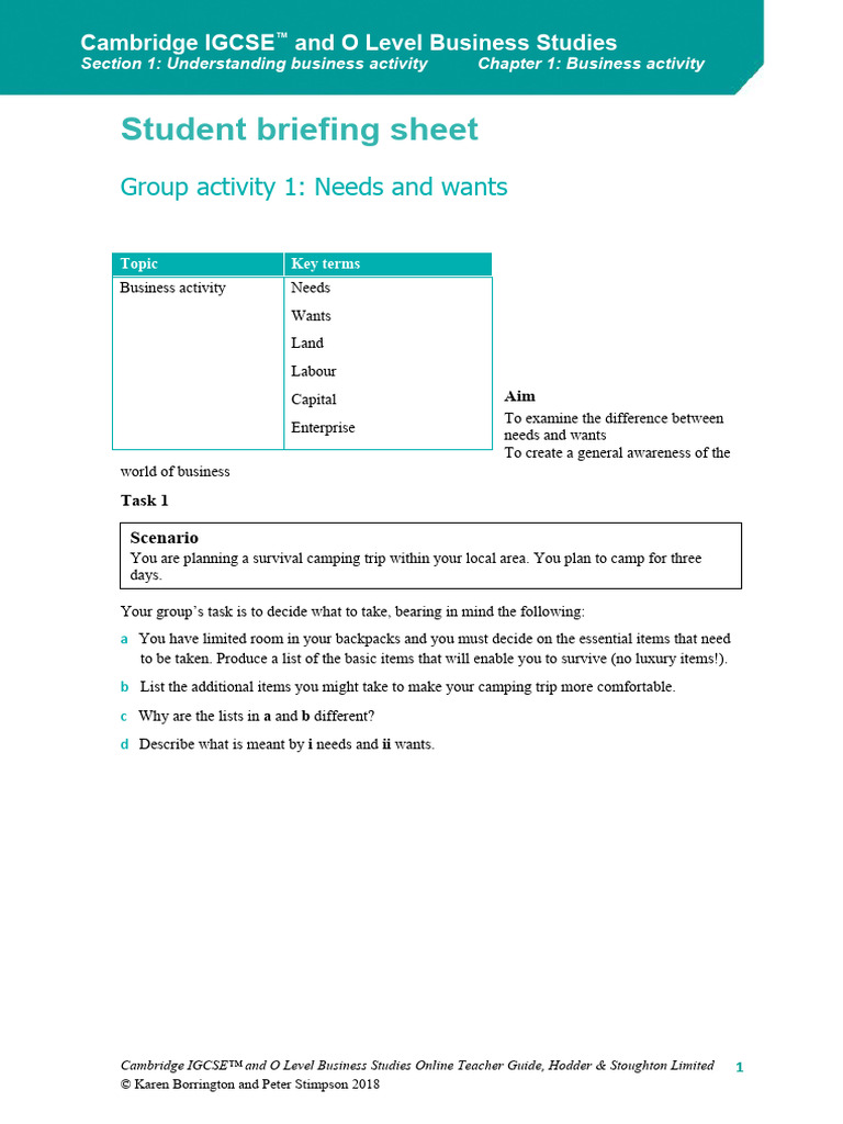 Group Activity 1 - Needs and Wants - Student Briefing Sheet | PDF