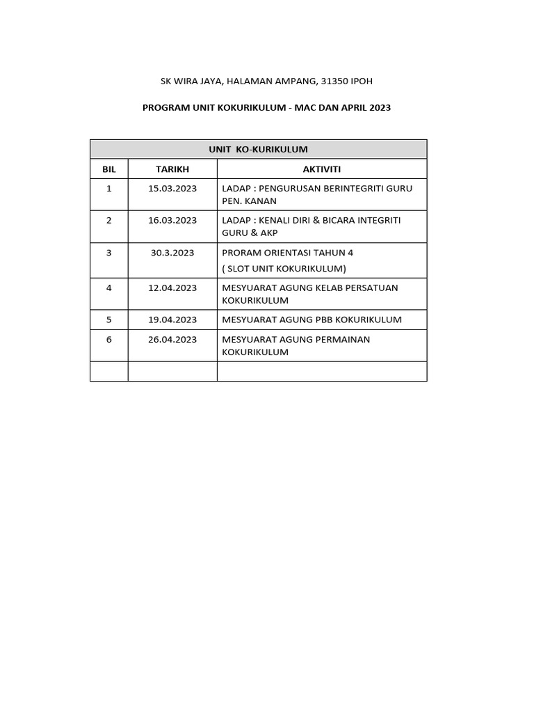 Contoh Program Unit Kokurikulum | PDF