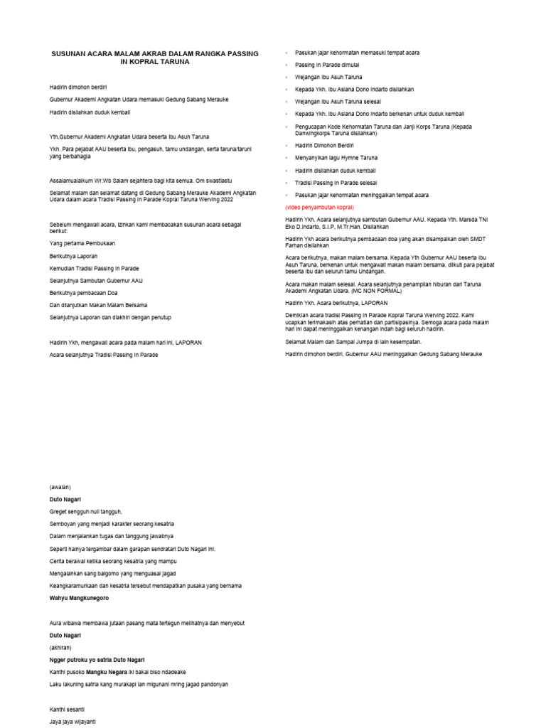 SUSUNAN ACARA MALAM AKRAB DALAM RANGKA PASSING IN KOPRAL TARUNA | PDF