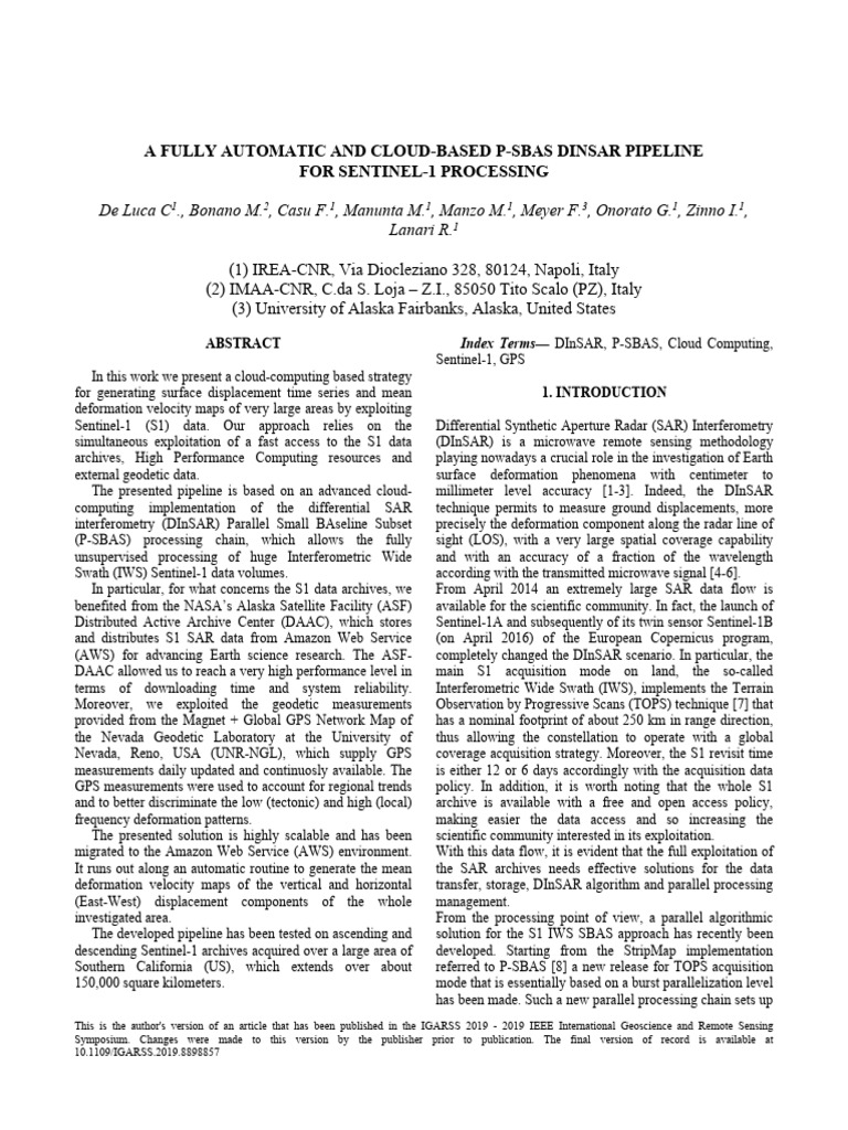 IREA-CNR IGARSS2019 2 OpenAIRE PipelineCloudSBAS | PDF | Global ...
